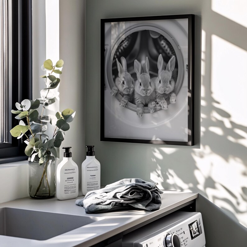 Cute Baby Bunny Rabbits in a Washing Machine Laundry Room Print, Animal ...