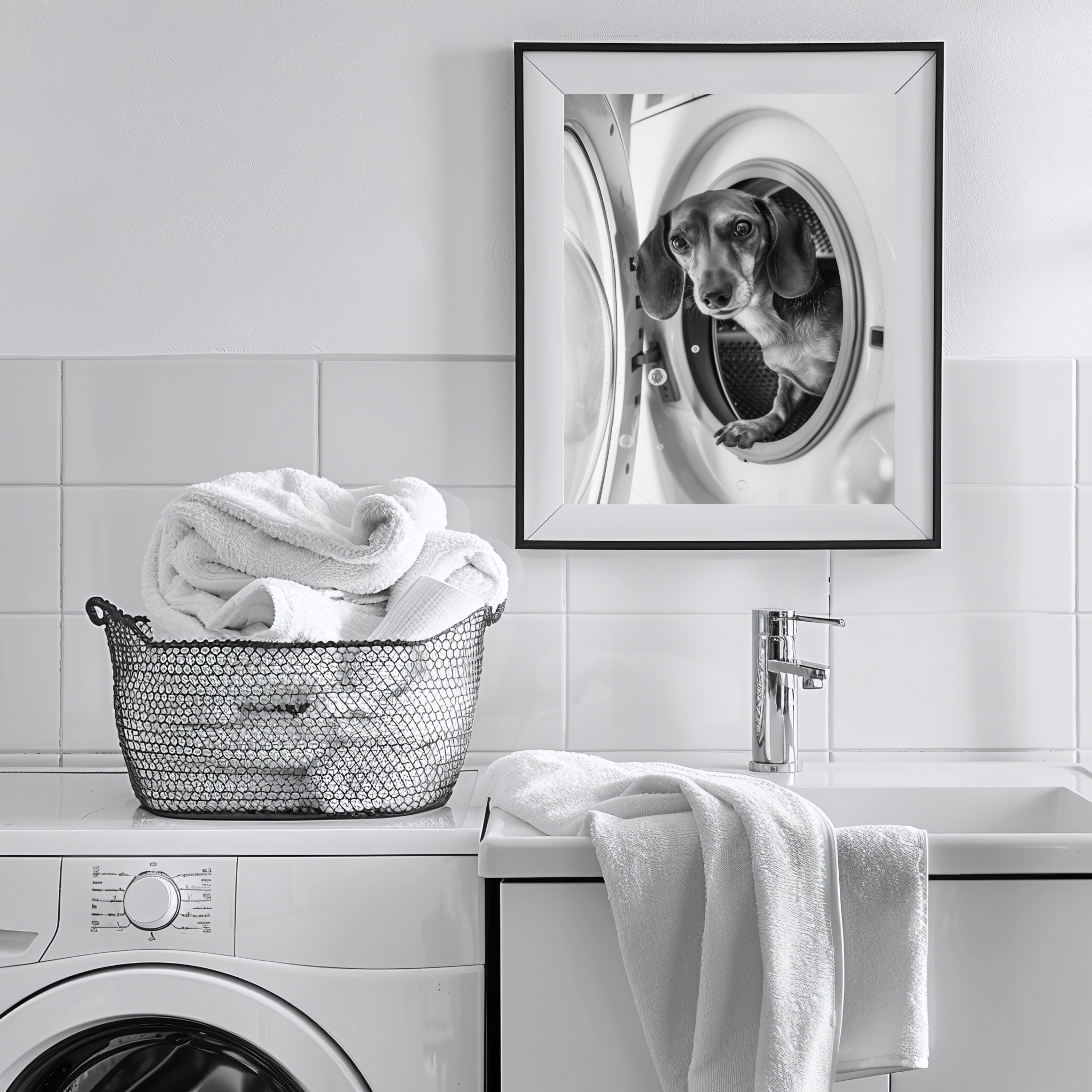 Cute Dachshund Print, Laundry Room Wall Art, Animal in Washing Machine ...