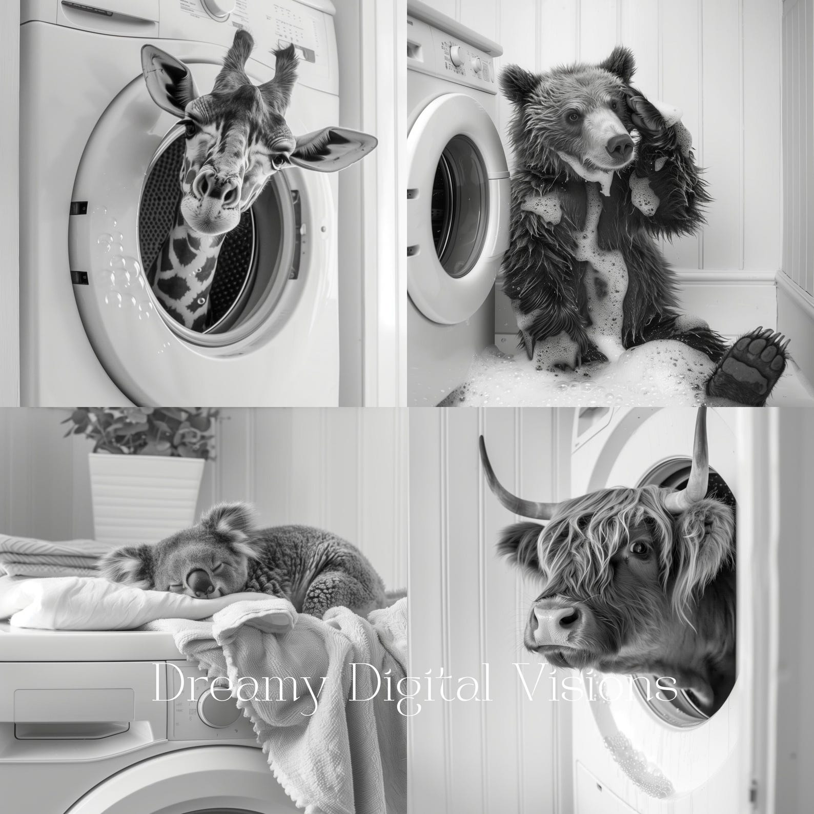 Set of 4 Classic Laundry Room Prints, Farmhouse Laundry Decor, Animals ...