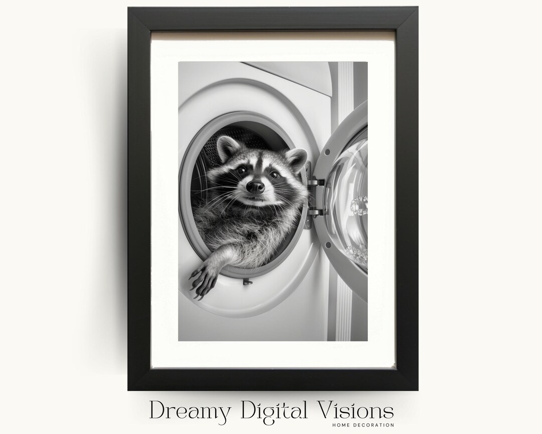 Cute Raccoon in Washing Machine, Laundry Room Print, Funny Laundry ...