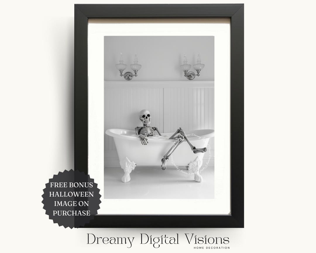 Skeleton in Bath Wall Art Printable, Funny Gothic Halloween Skeleton ...