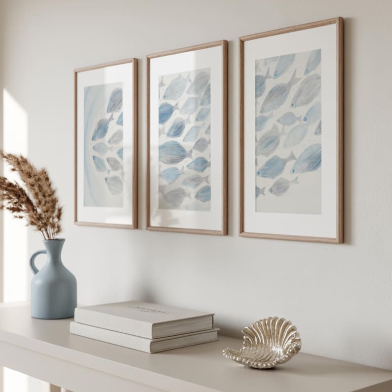 Coastal Wall Art Set of 3 – Blue Fish Ocean Prints, Nautical Bathroom ...