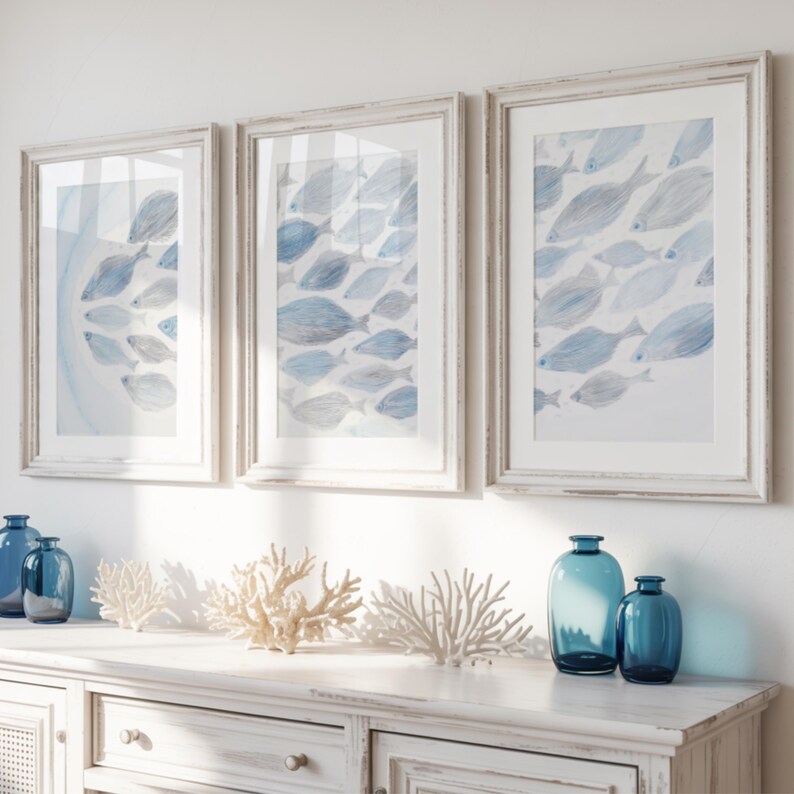 Coastal Wall Art Set of 3 – Blue Fish Ocean Prints, Nautical Bathroom ...