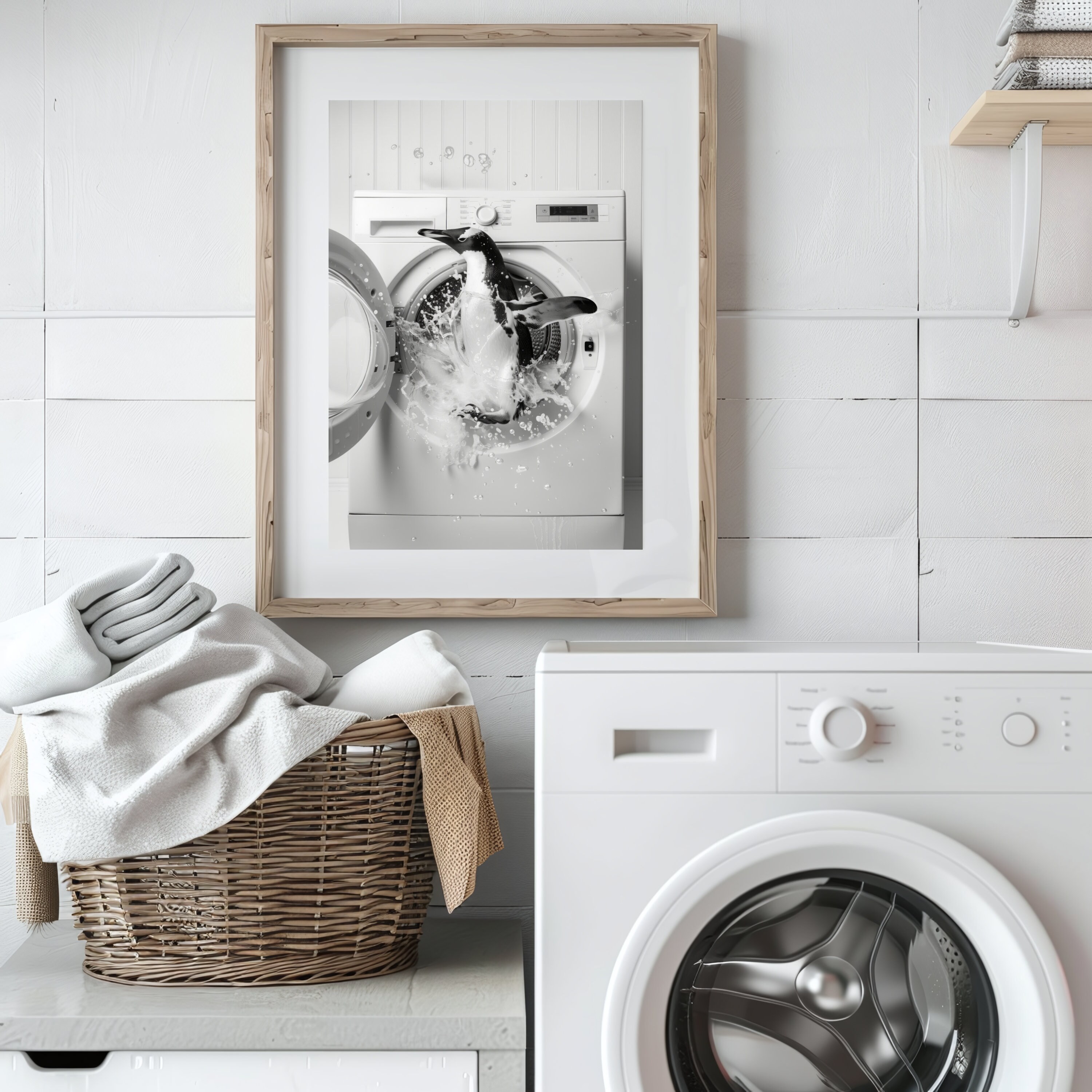 Penguin in the Washing Machine, Laundry Room Print, Washing Room Decor ...