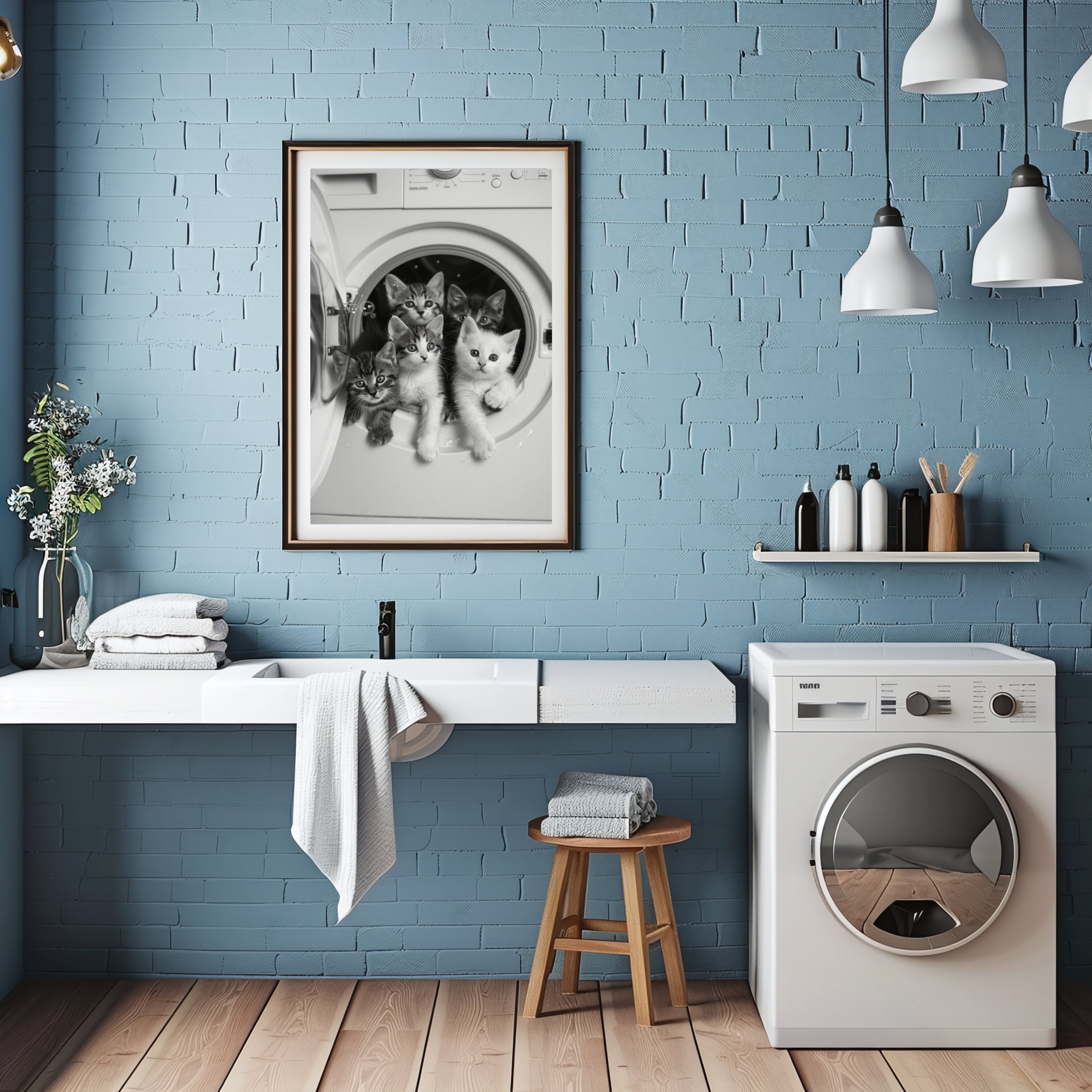 Cute Kittens in Washing Machine, Laundry Room Print, Utility Room Decor ...
