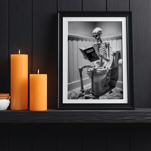 Skeleton on Toilet Bathroom Art Print, Funny Skeleton Print, Goth ...
