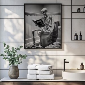 Skeleton on Toilet Bathroom Art Print, Funny Skeleton Print, Goth ...