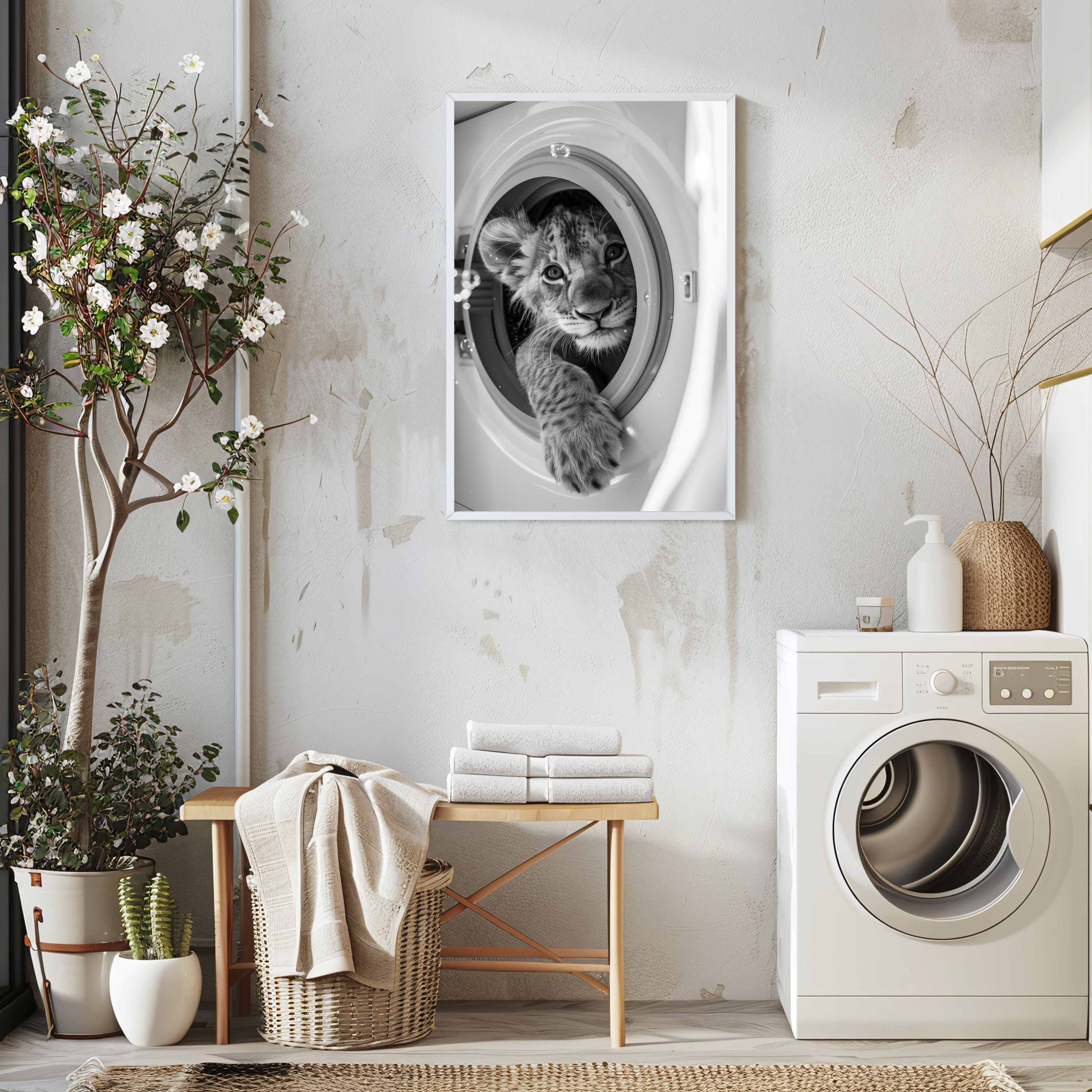 Cute Lion Cub in Washing Machine Print, Laundry Print, Laundry Room ...