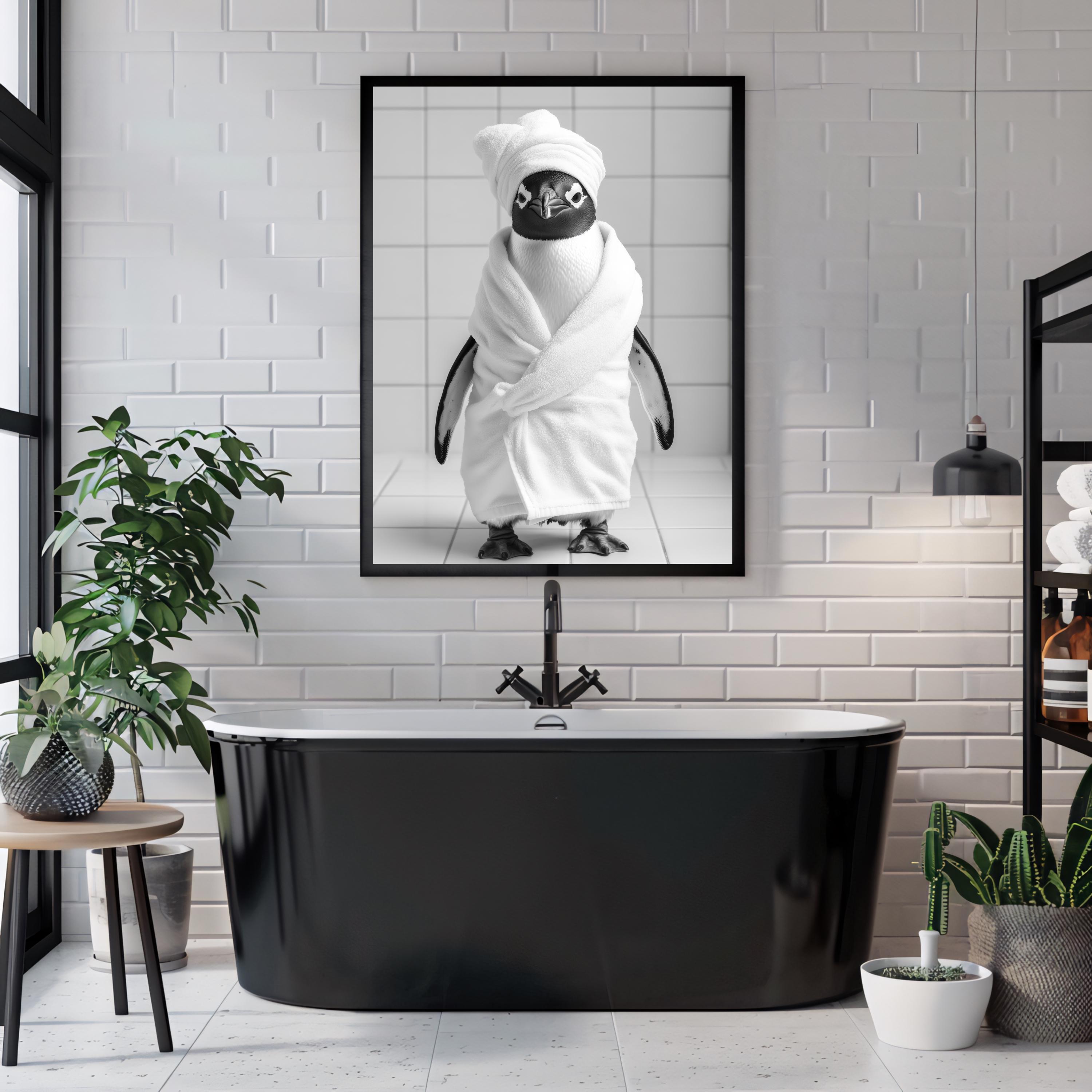 Cute Penguin in Bathrobe and Turban Bathroom Print, Funny Bathroom Art ...