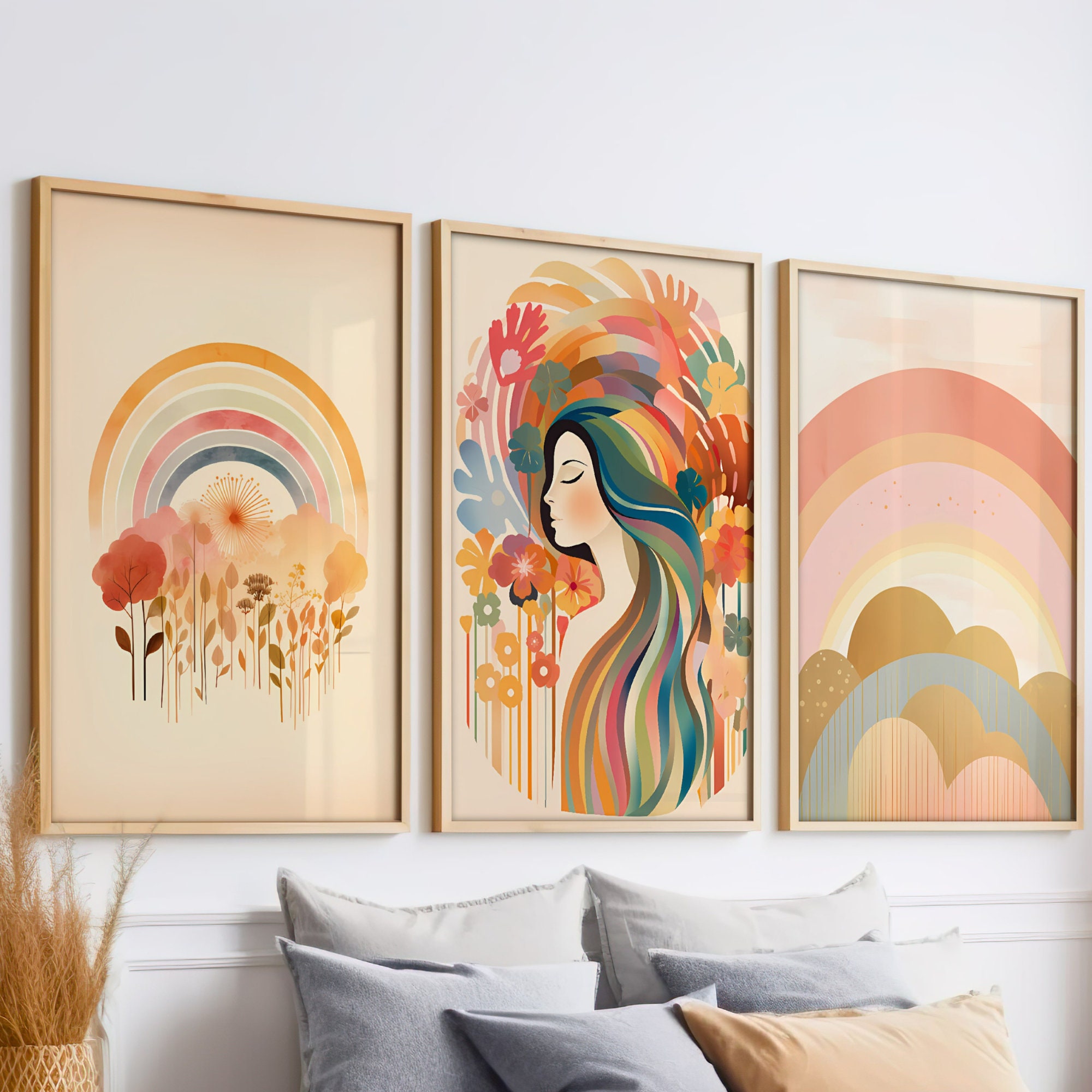 Boho Rainbow Wall Art Set of 3, Boho Girl Prints, Boho Nursery Decor ...