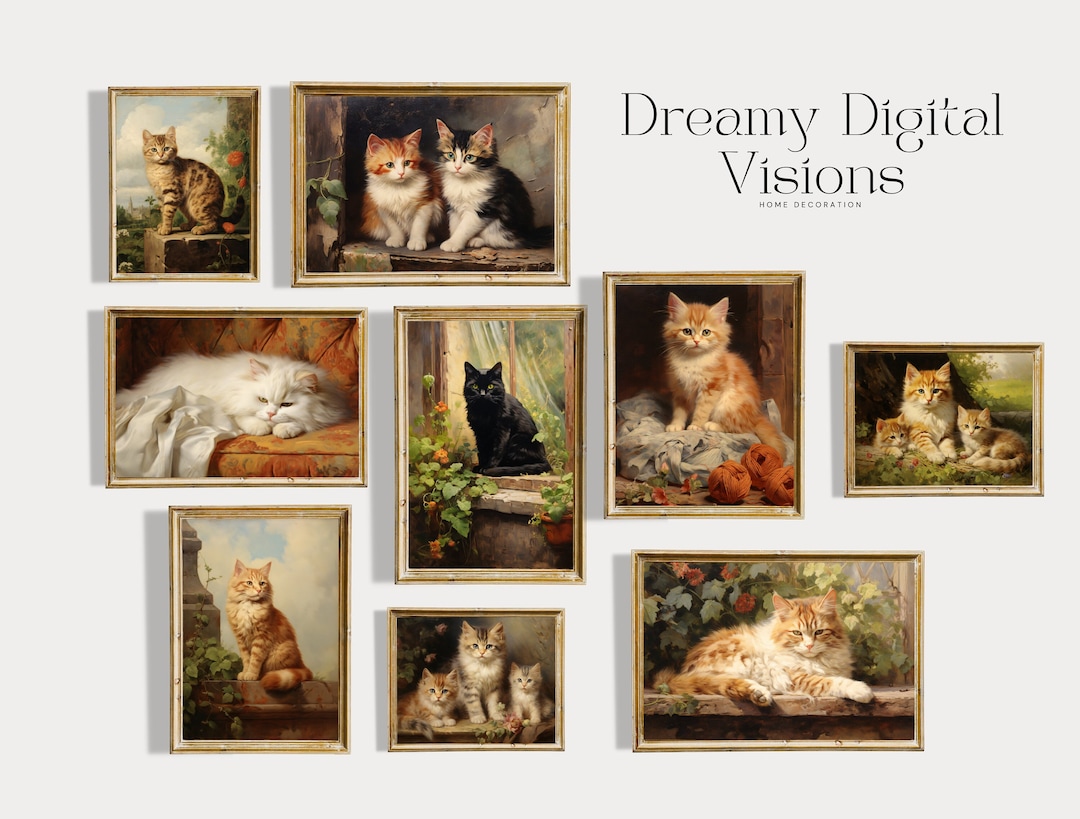Set of 9 Cat Prints, Printable Cat Art, Cats Wall Art, Vintage Cat ...