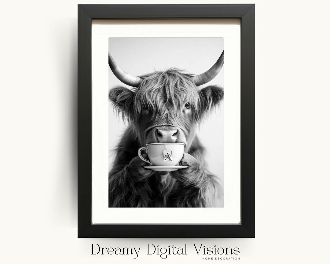 Highland Cow Drinking Tea, Gift for Tea Lovers Print, Funny Animal ...