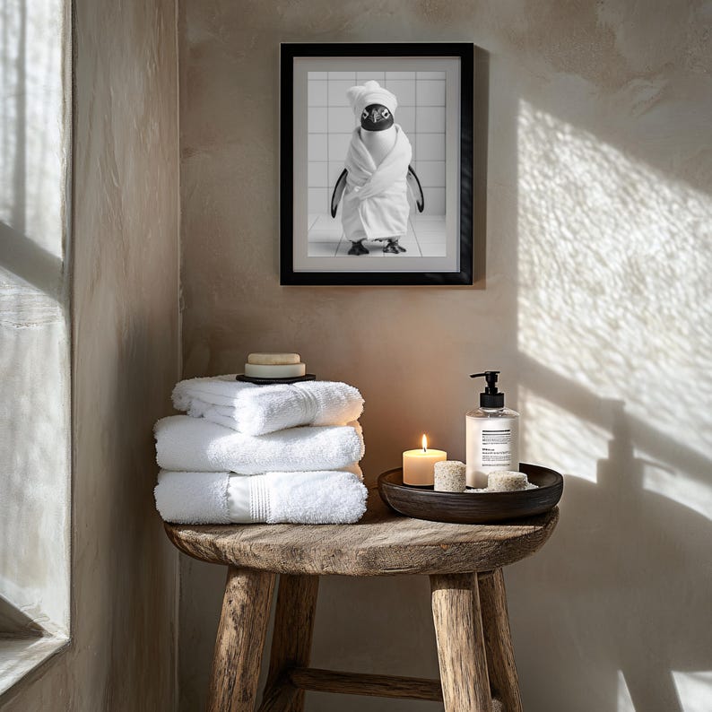 Cute Penguin in Bathrobe and Turban Bathroom Print, Funny Bathroom Art ...