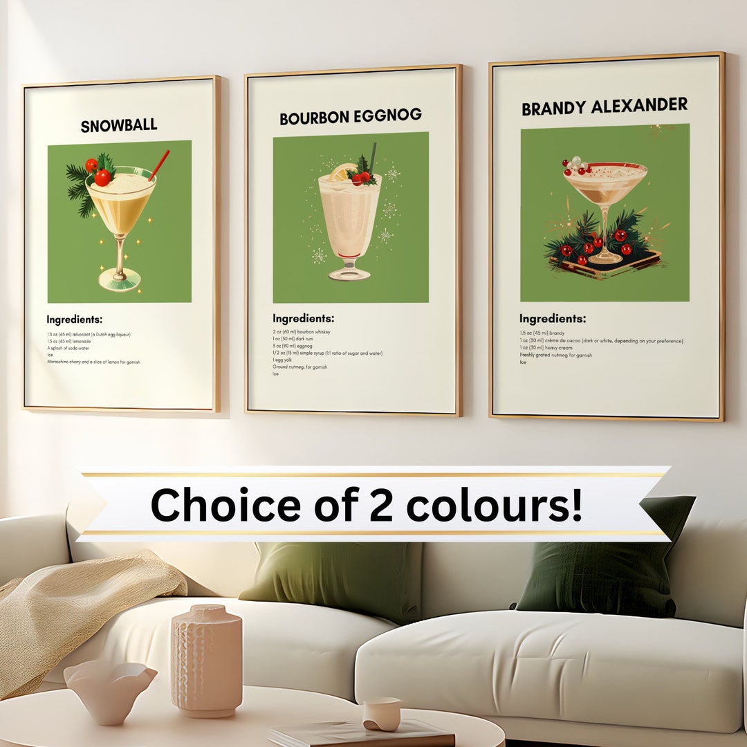 Christmas Cocktail Prints, Set of 3, Bar Cart Prints, Cocktail Wall Art ...