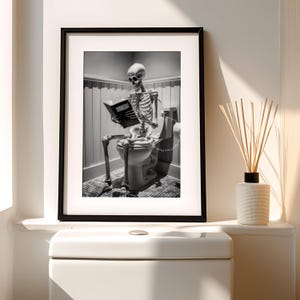 Skeleton on Toilet Bathroom Art Print, Funny Skeleton Print, Goth ...