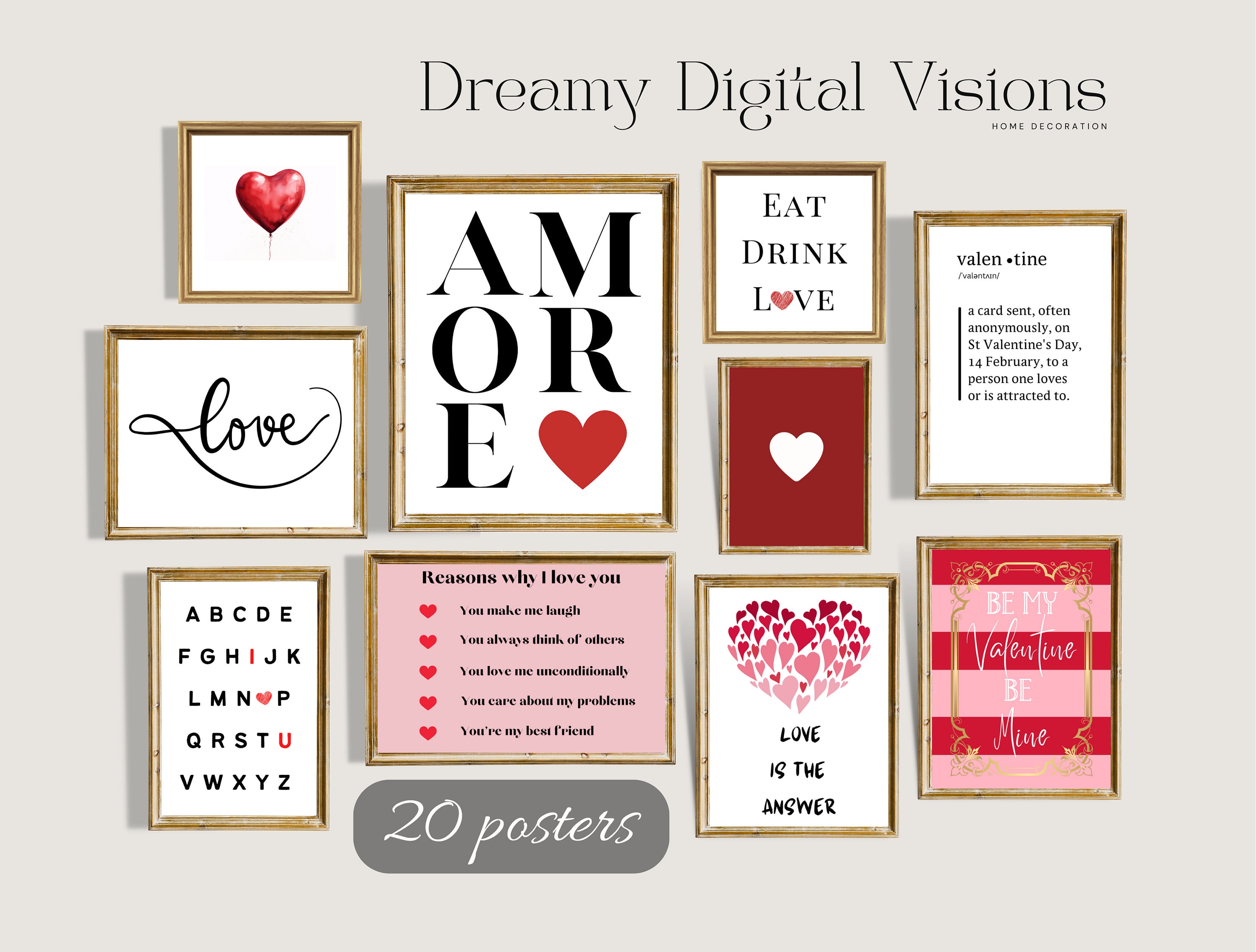 Valentines Wall Art Set of 20, Valentines Day Decor, Valentines Day ...