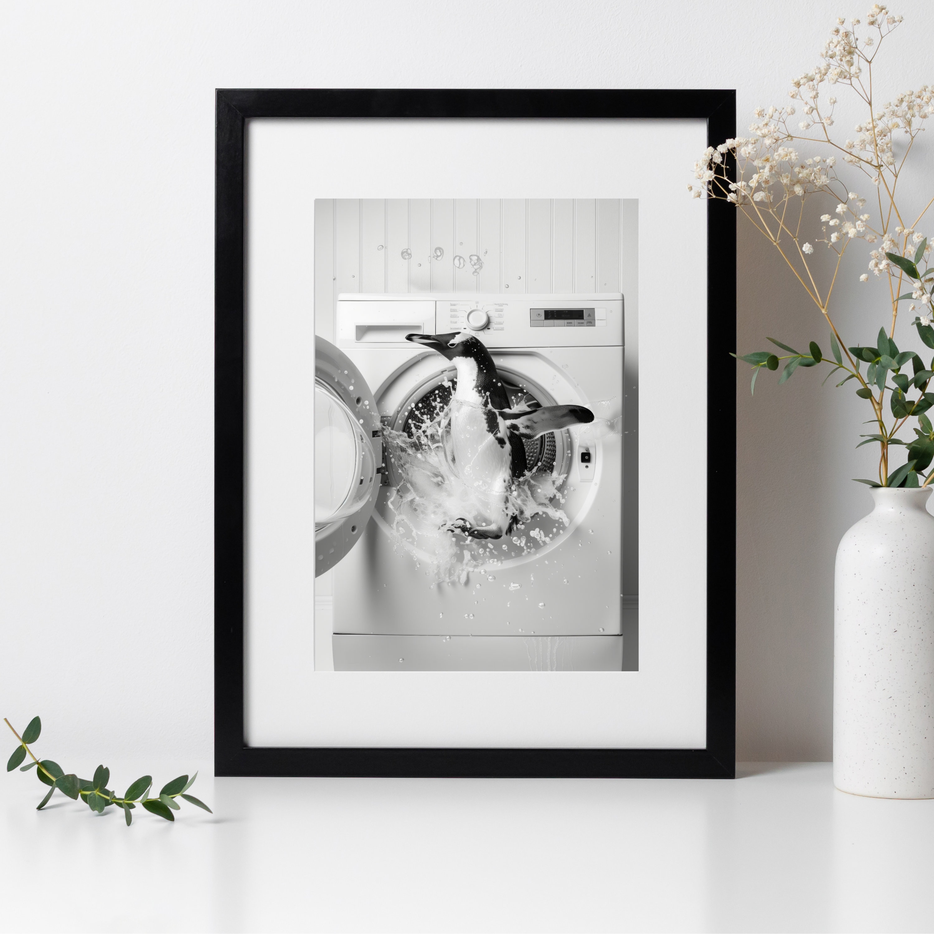 Penguin in the Washing Machine, Laundry Room Print, Washing Room Decor ...