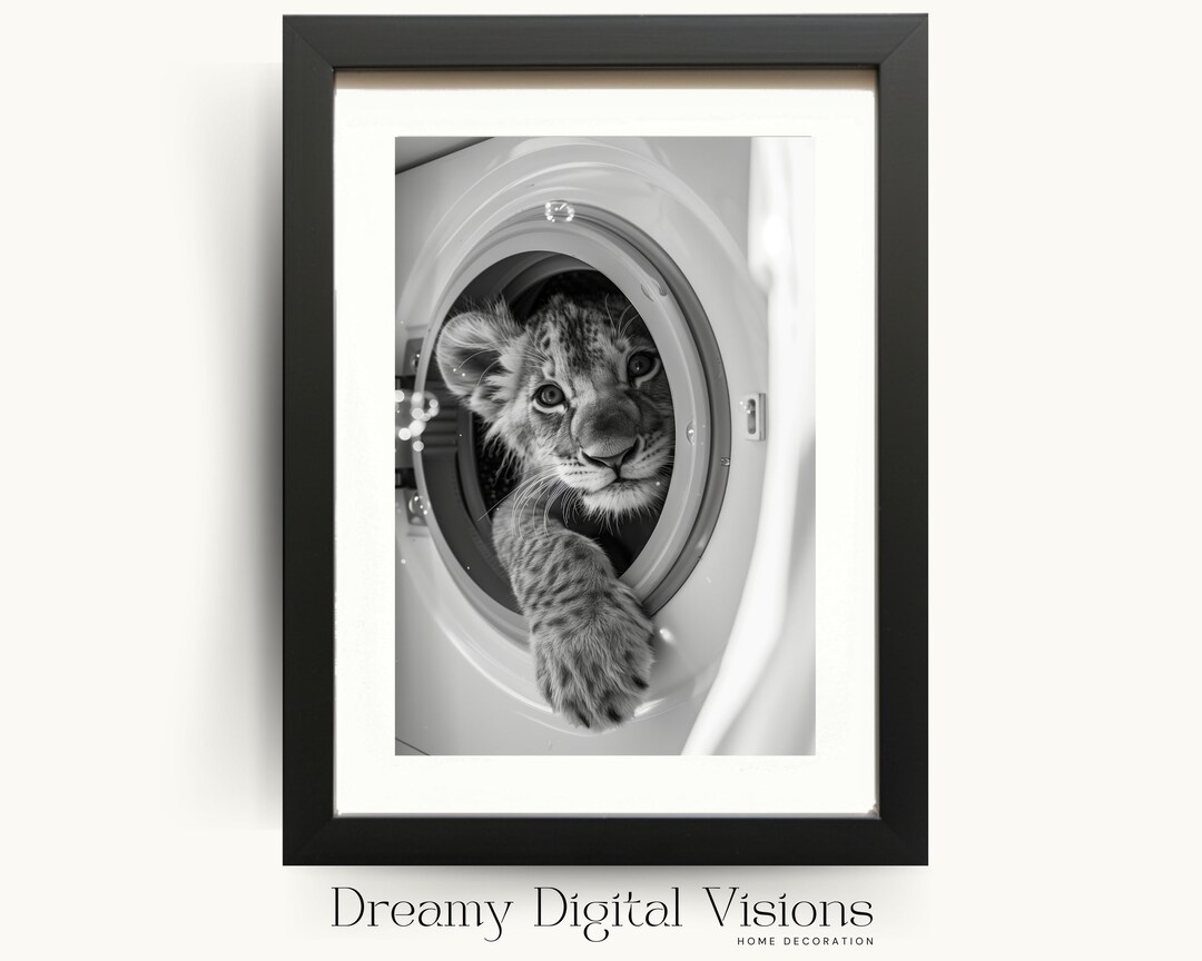 Cute Lion Cub in Washing Machine Print, Laundry Print, Laundry Room ...