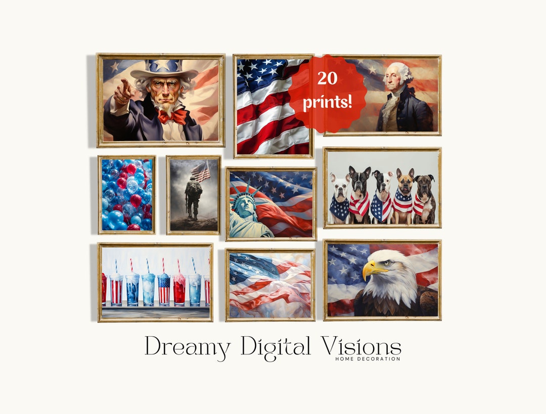 Patriotic 4th of July Wall Art, Set of 20, Memorial Day Art Prints ...