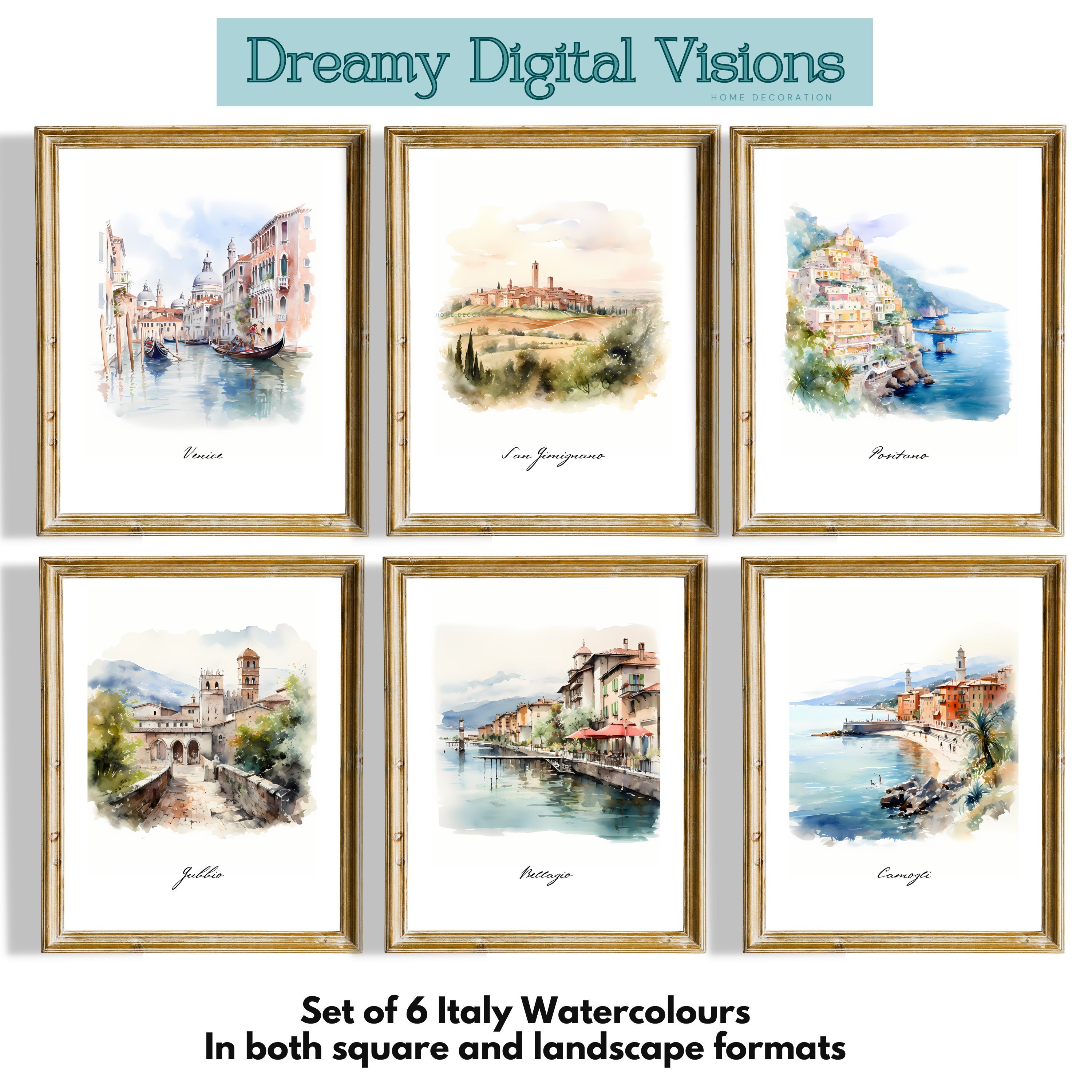 Italian Watercolor Set of 6 Digital Prints Italy Landscapes, Positano ...