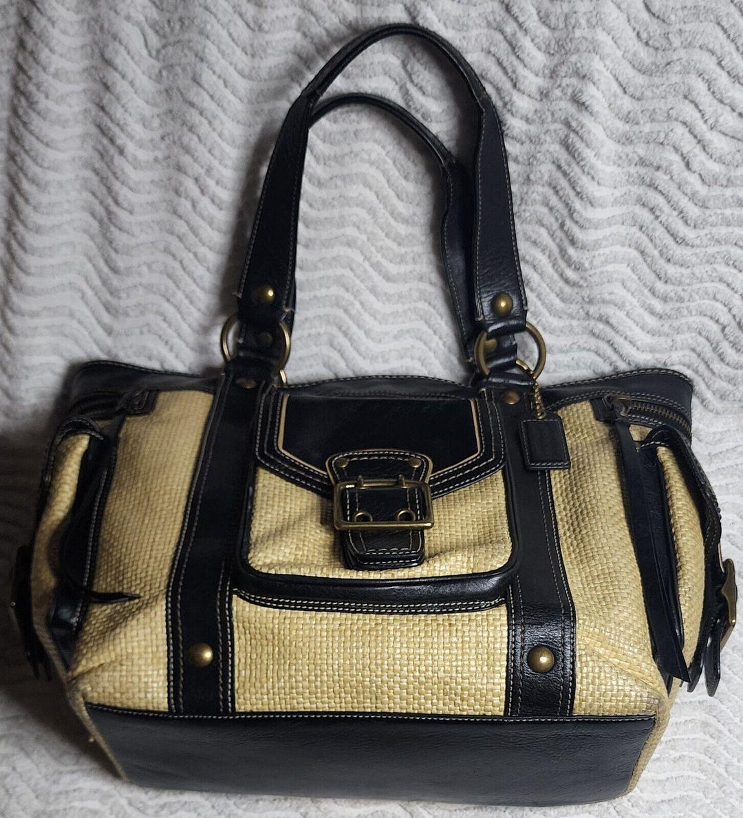 Vintage COACH Legacy Straw & Leather SATCHEL Large Tote Handbag PURSE ...