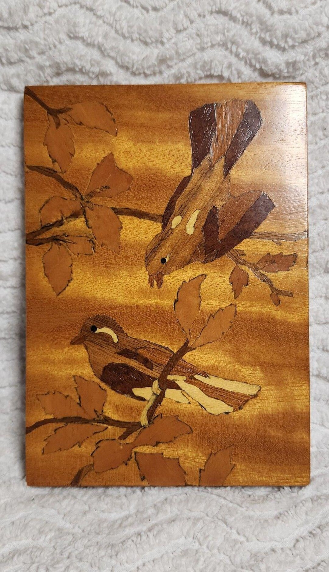 VINTAGE Wood Inlay MARQUETRY ART Birds Flowers Handcrafted Wall Hanging ...