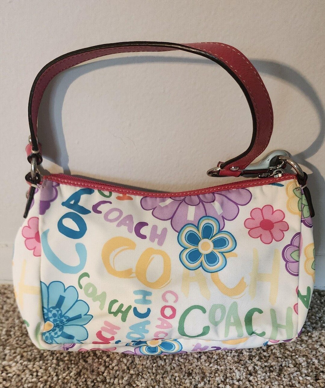 HTF Cute COACH White Classic Logo POPPY Print Leather Trim Mini Bag Guc ...