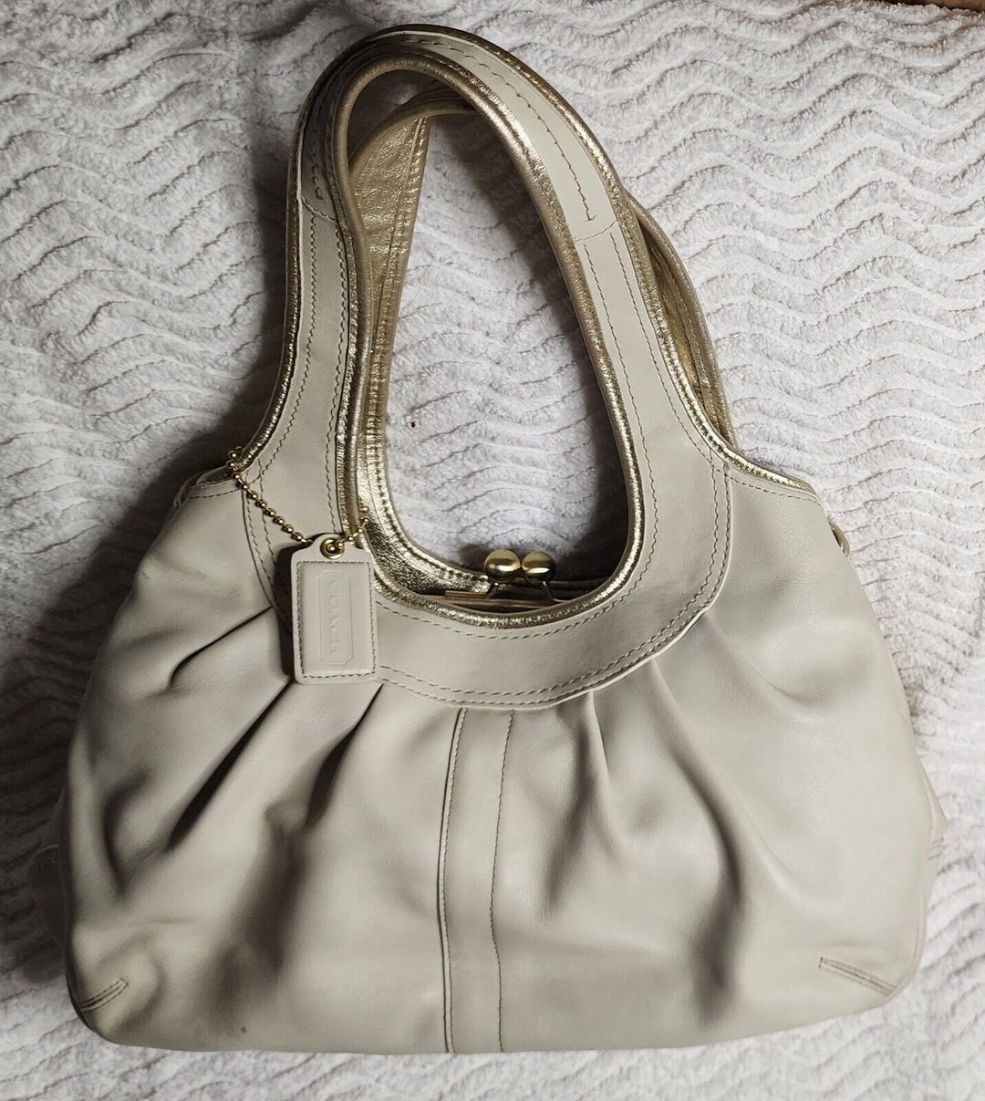 Vintage COACH Ivory Ergo LEATHER Pleated Frame Satchel Handbag Purse ...