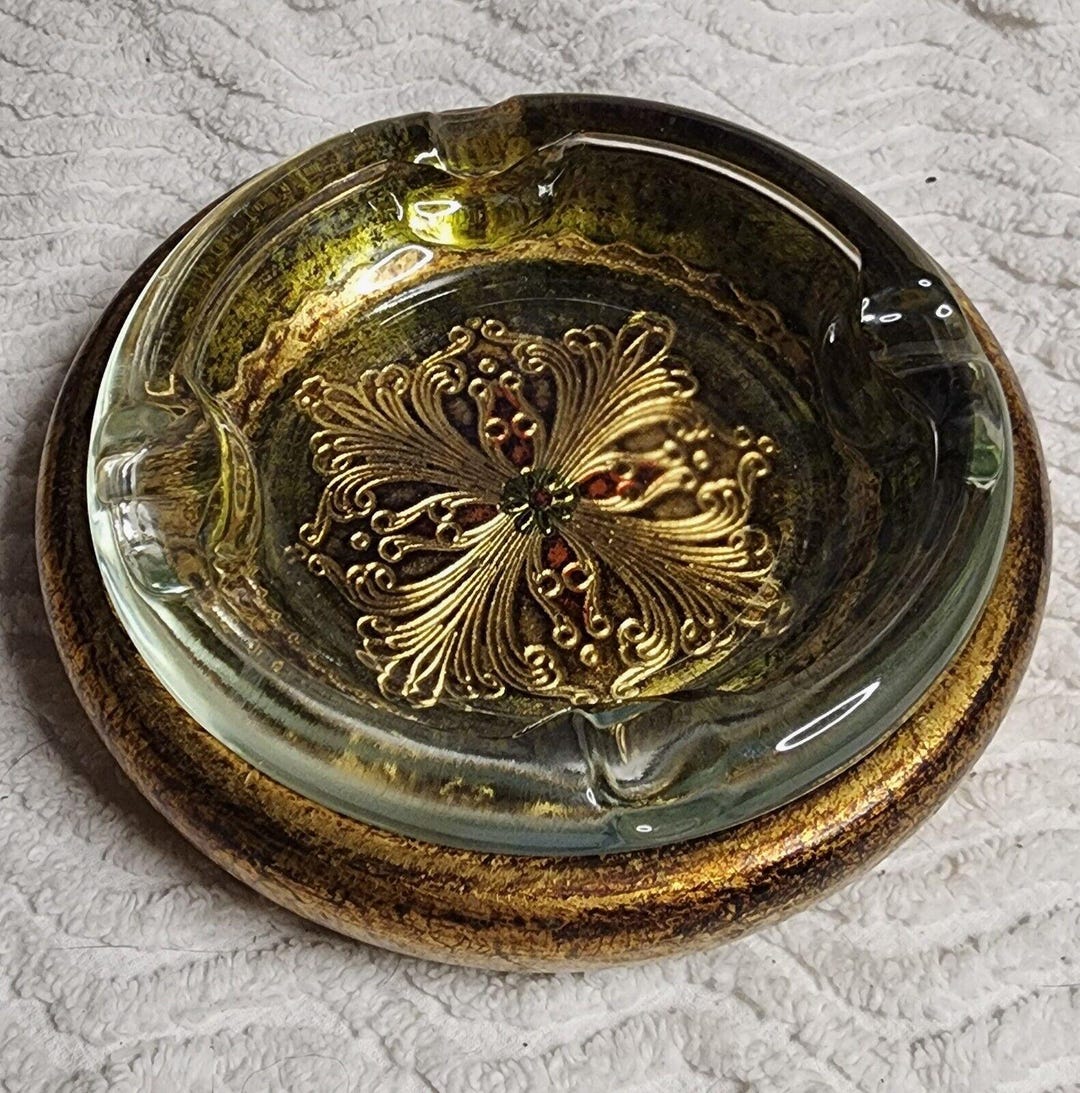 Vintage FLORENTIA Glass Ashtray Insert W/gold Gilted Floral Tray ITALY ...