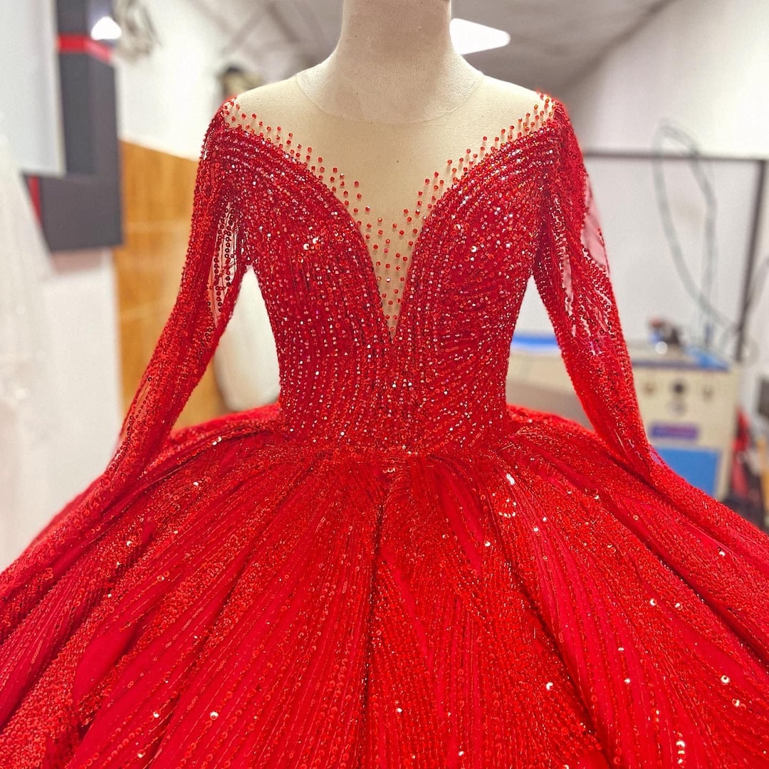 Red Sparkling Rhinestone Diamond Engagement Dress, Graduation Gown ...