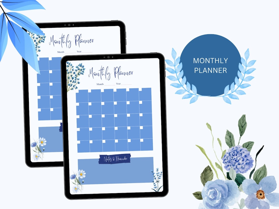 Blue Minimal Floral Illustration Monthly Planner - Etsy