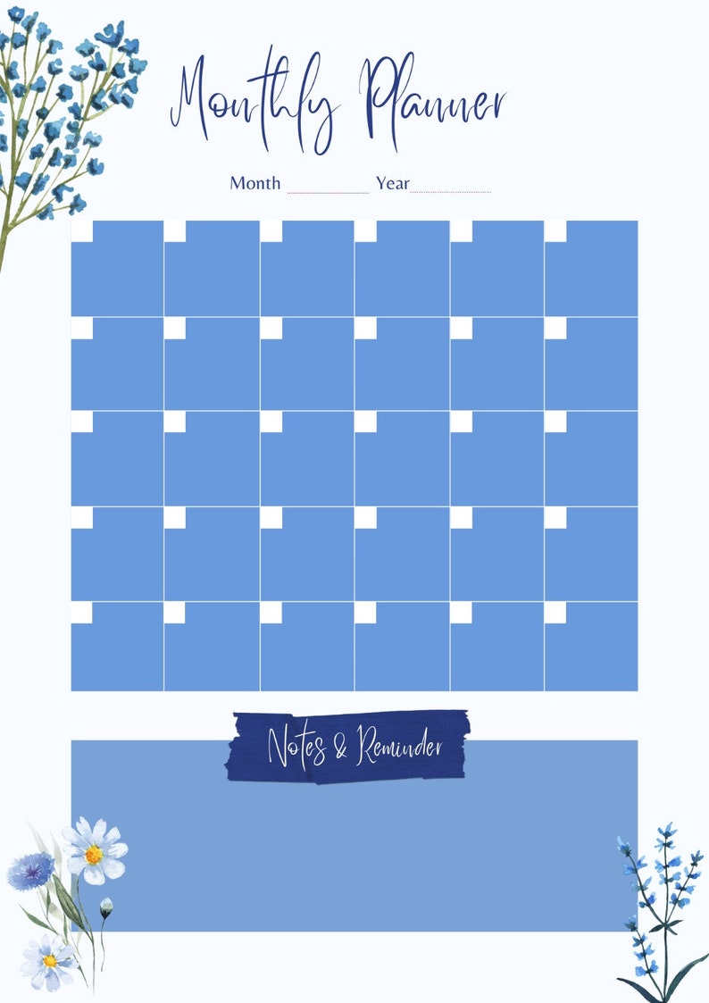 Blue Minimal Floral Illustration Monthly Planner - Etsy