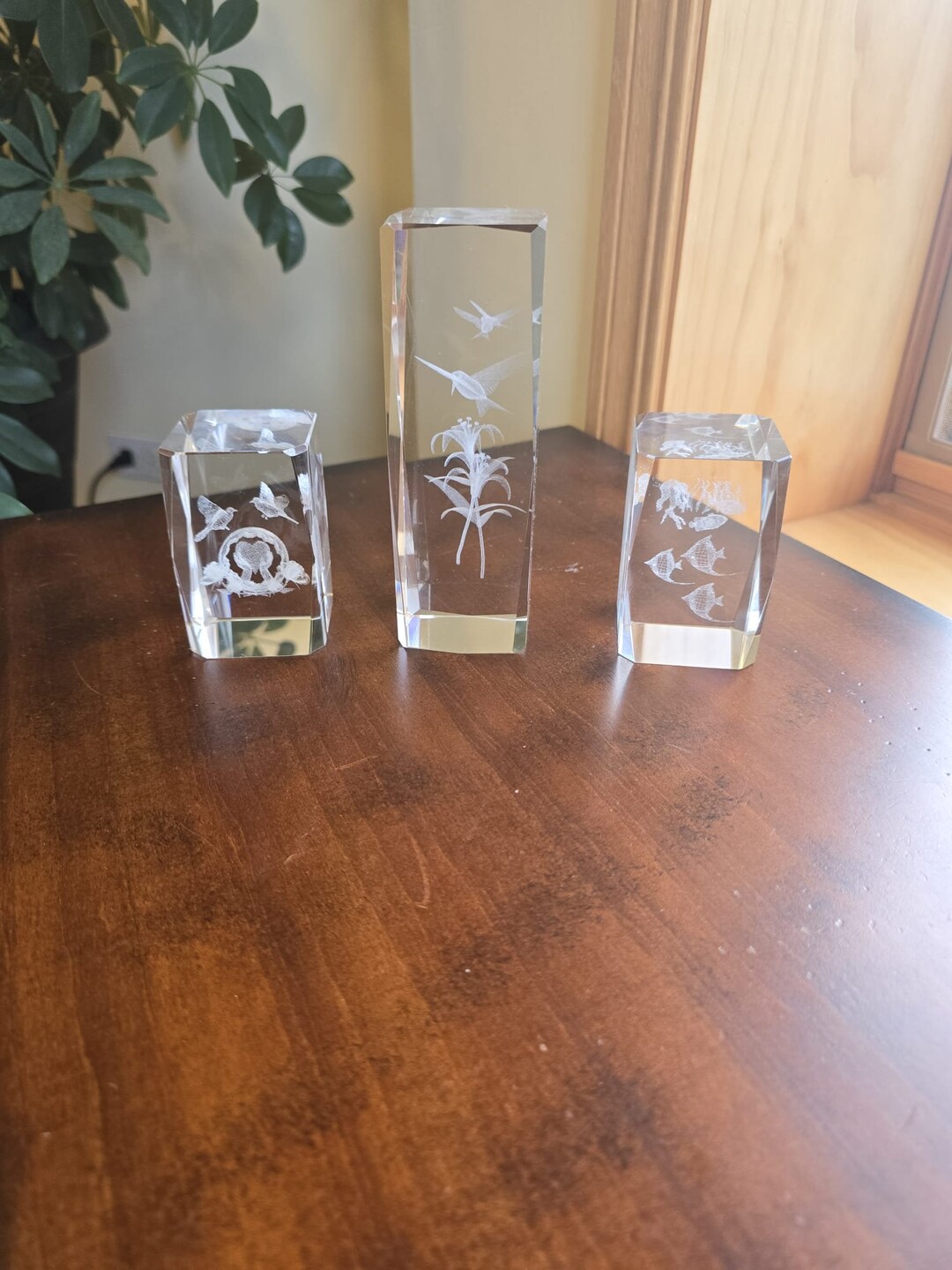 Set of 3- Crystal Glass Cube Paperweight 3D Laser Etched Hummingbirds ...