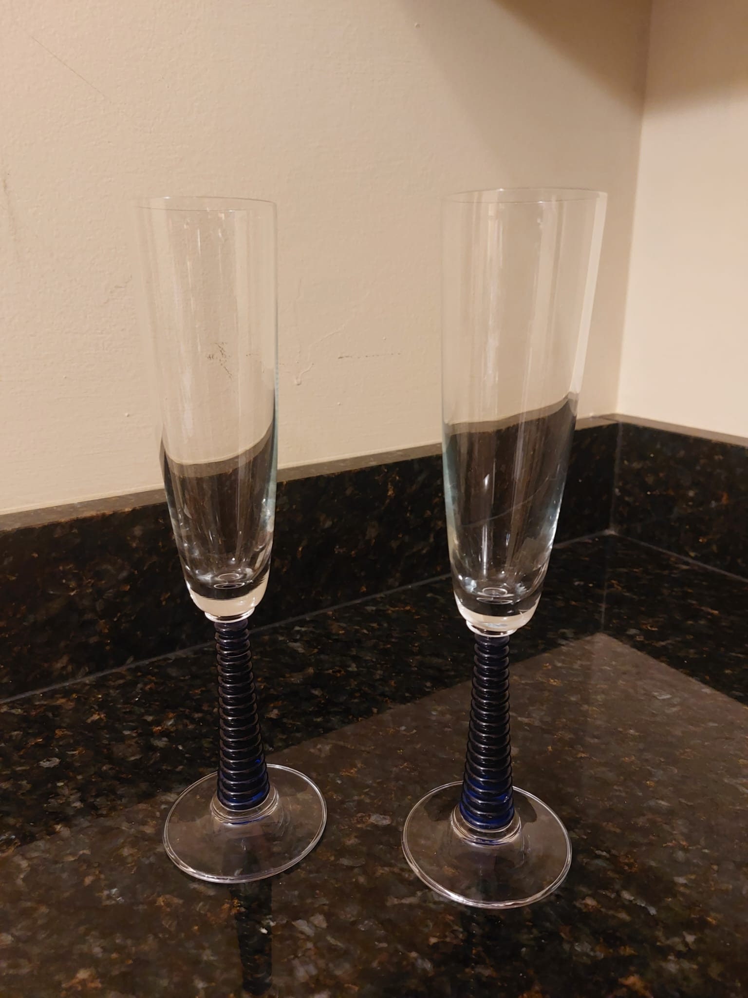 Set of 2 Vintage Bryce Retro Cobalt Blue Stem Champagne Flutes Ringed ...