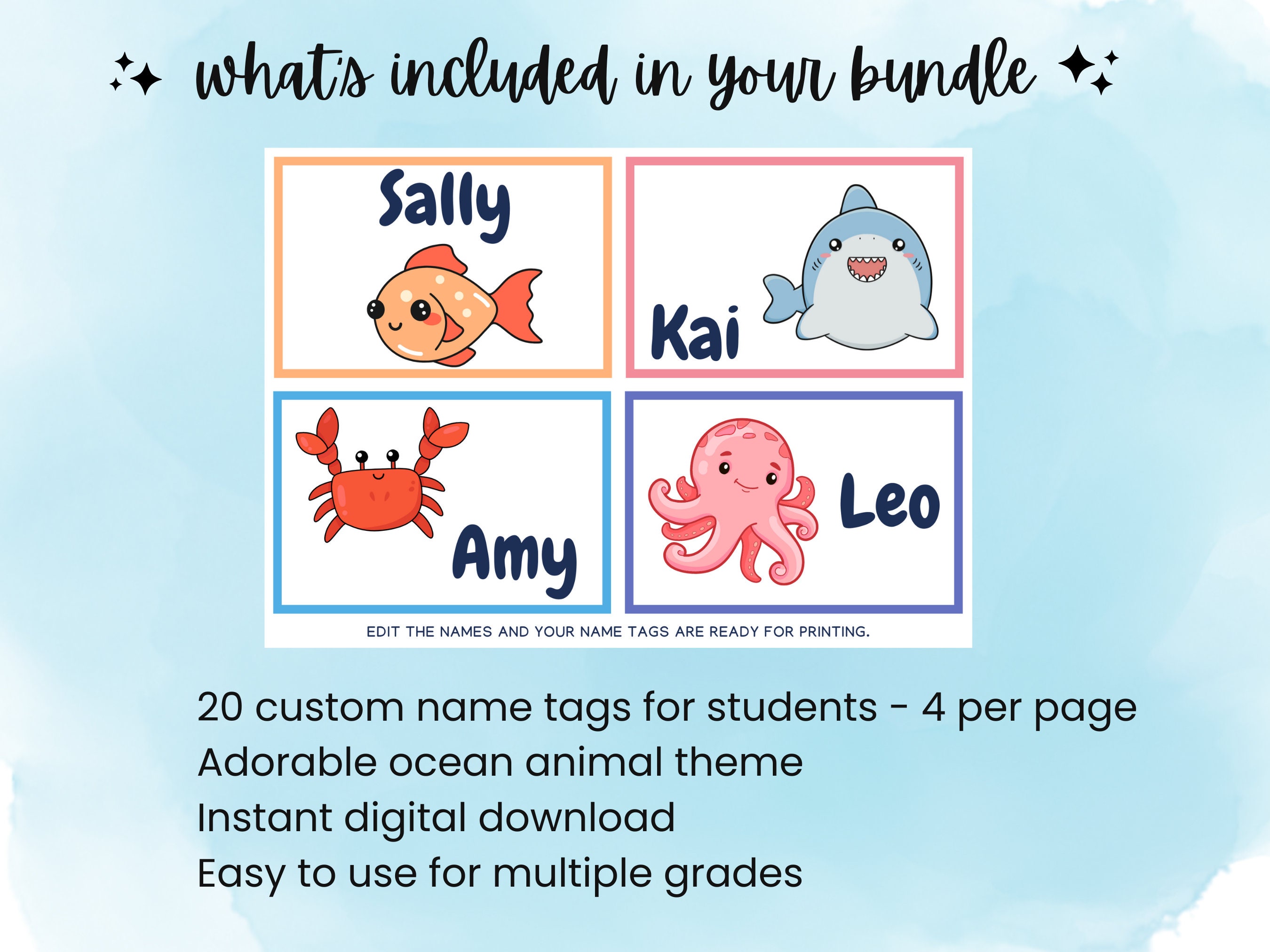Ocean Animals Bundle - Custom Student Name Tag Templates for Teachers ...