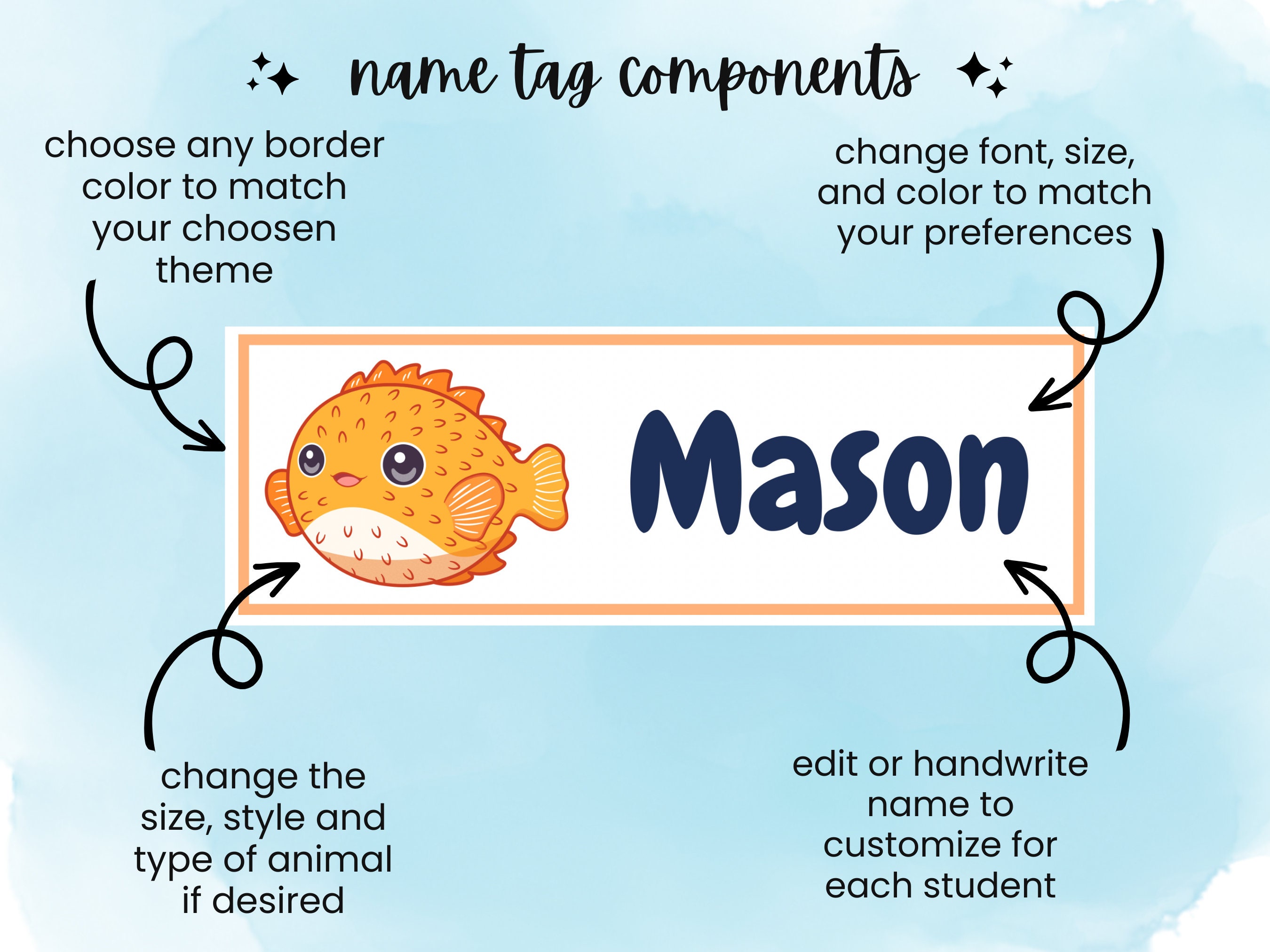 Ocean Animals Bundle Large Size - Custom Student Name Tag Templates for ...