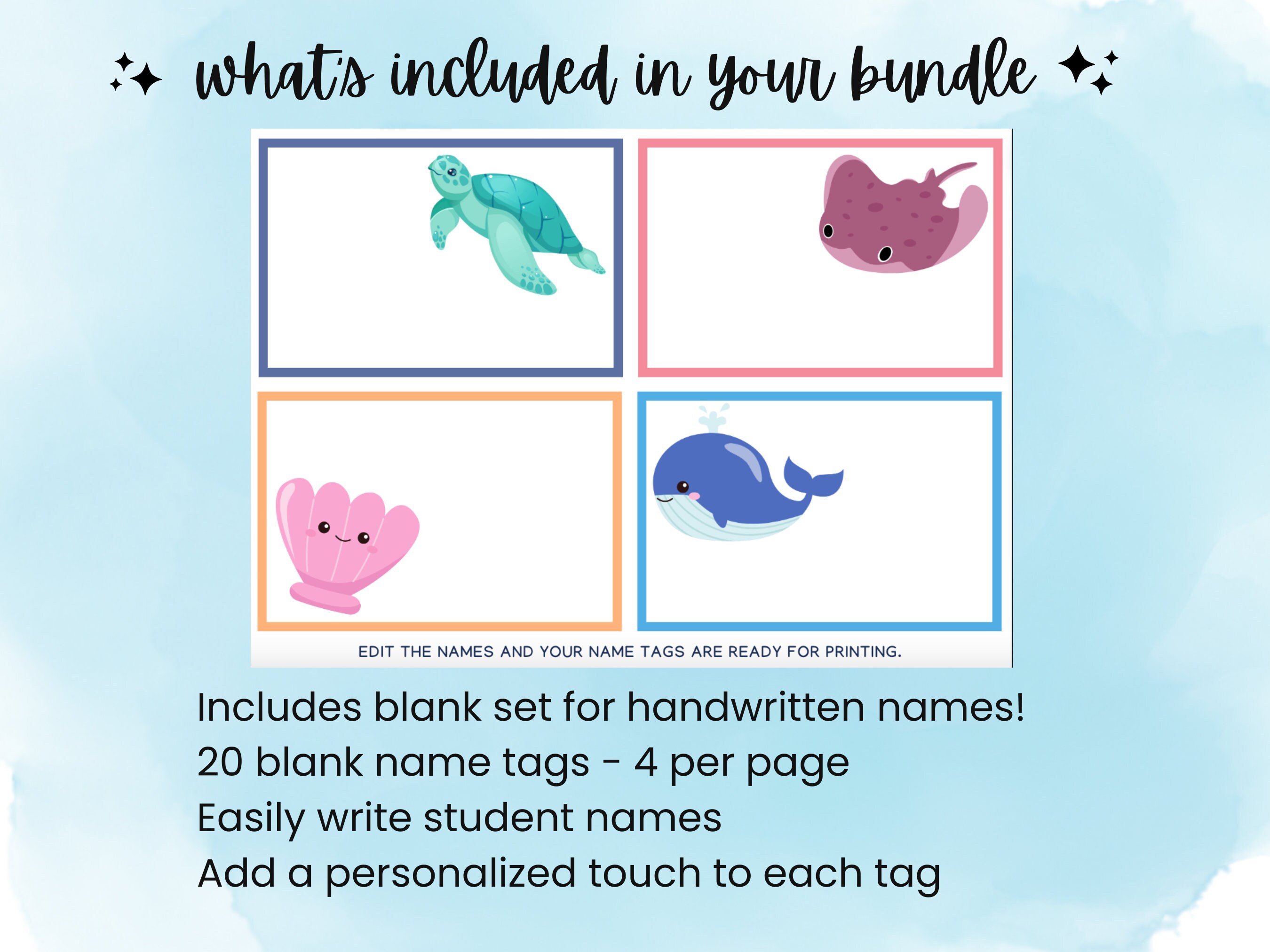 Ocean Animals Bundle - Custom Student Name Tag Templates for Teachers ...