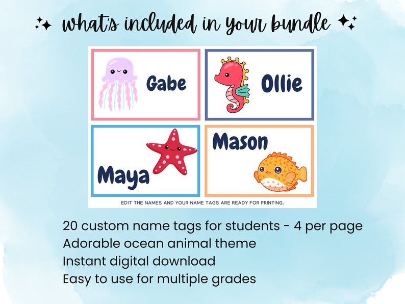 Ocean Animals Bundle - Custom Student Name Tag Templates for Teachers ...