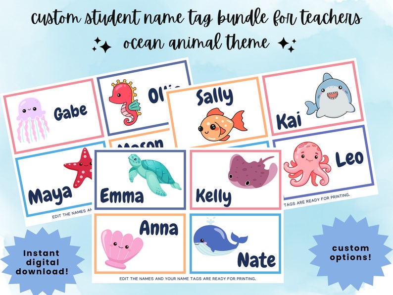 Ocean Animals Bundle - Custom Student Name Tag Templates for Teachers ...
