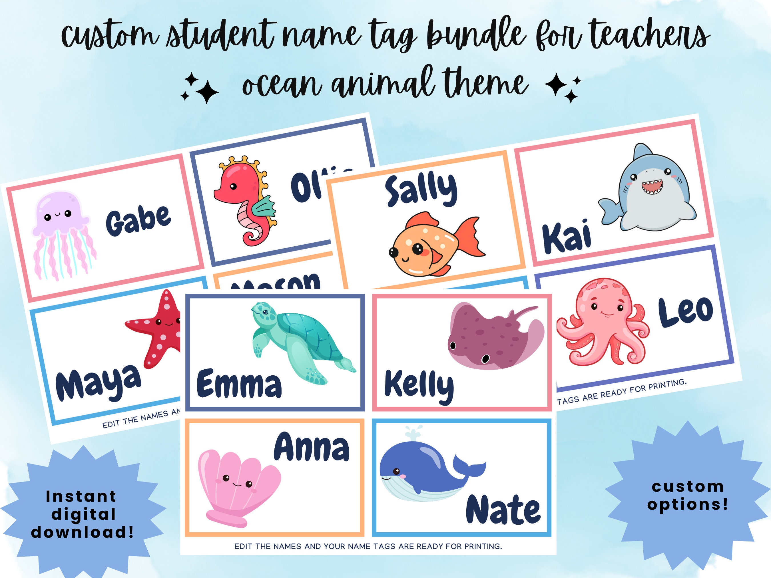 Ocean Animals Bundle - Custom Student Name Tag Templates for Teachers ...