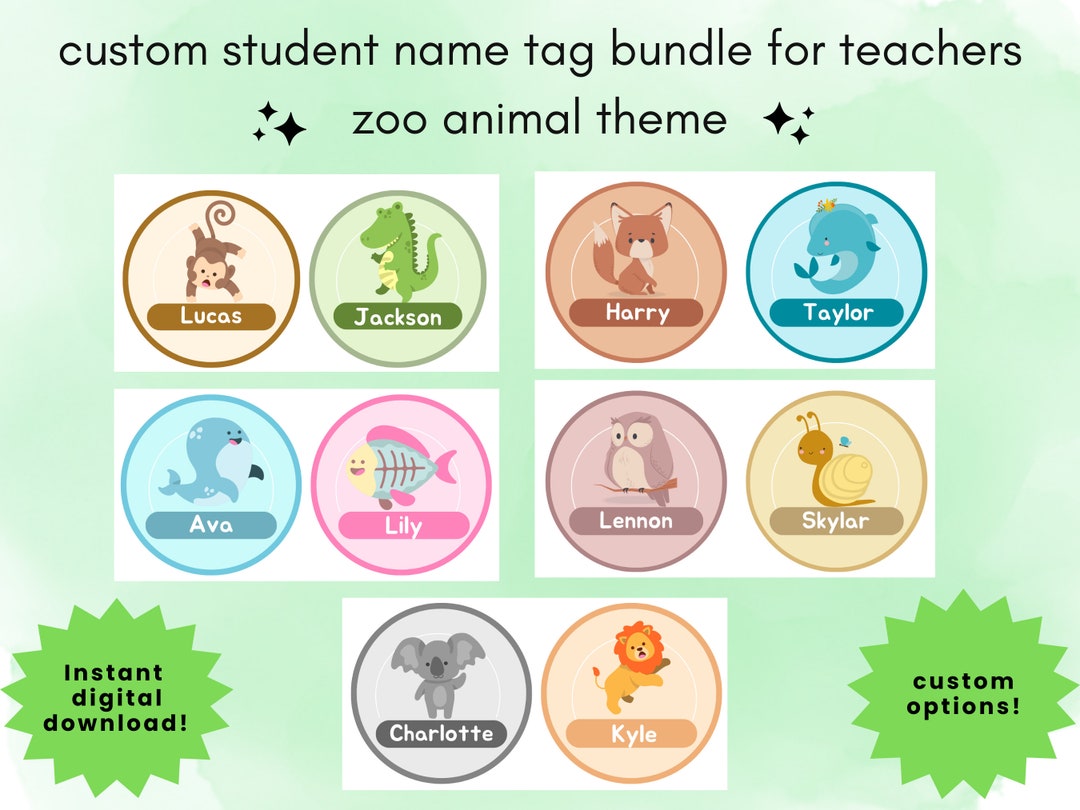 Colorful Zoo Safari Animals Bundle - Custom Student Name Tag Templates ...