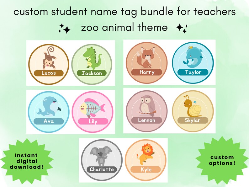 Colorful Zoo Safari Animals Bundle - Custom Student Name Tag Templates ...