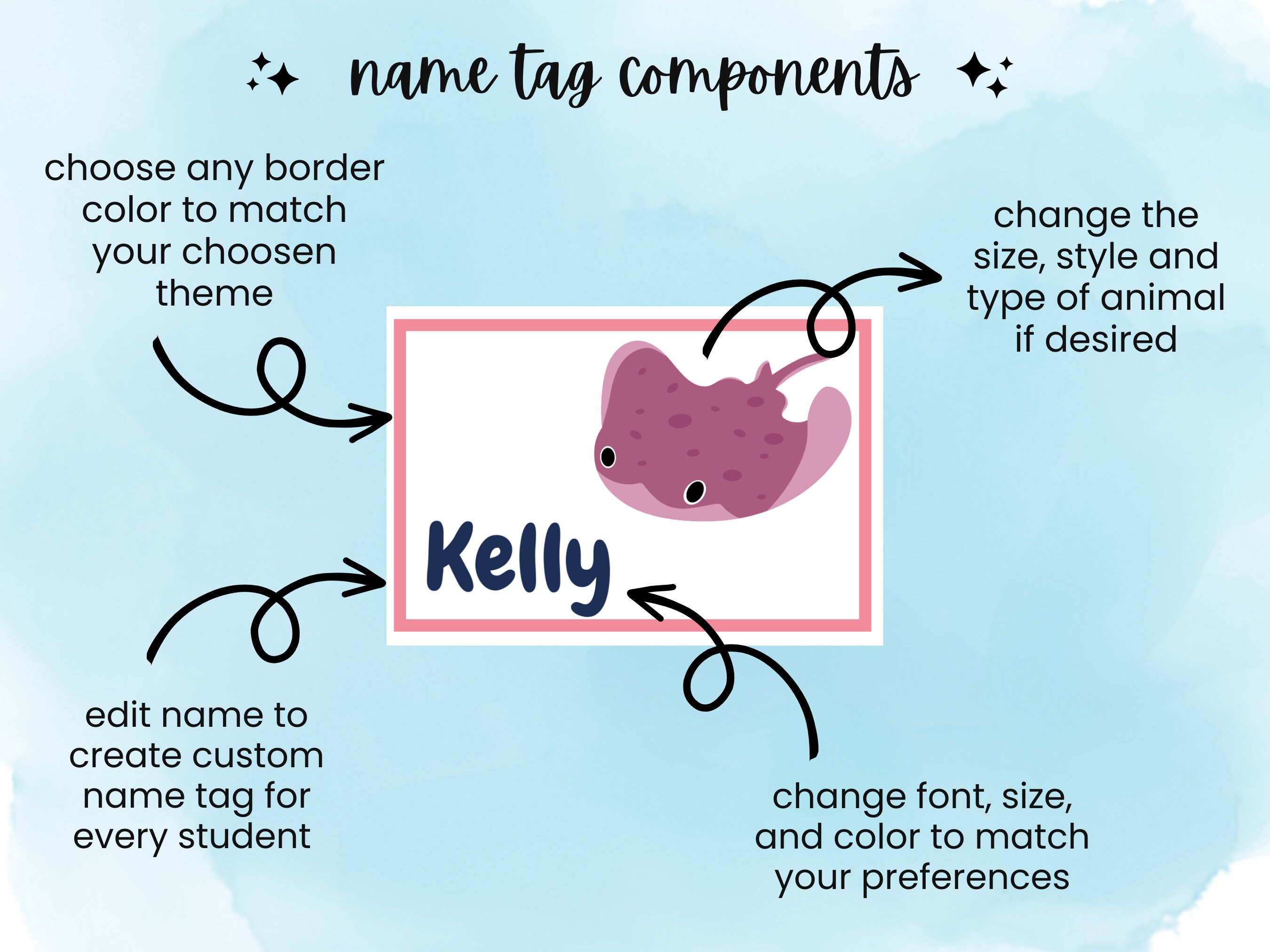 Ocean Animals Bundle - Custom Student Name Tag Templates for Teachers ...