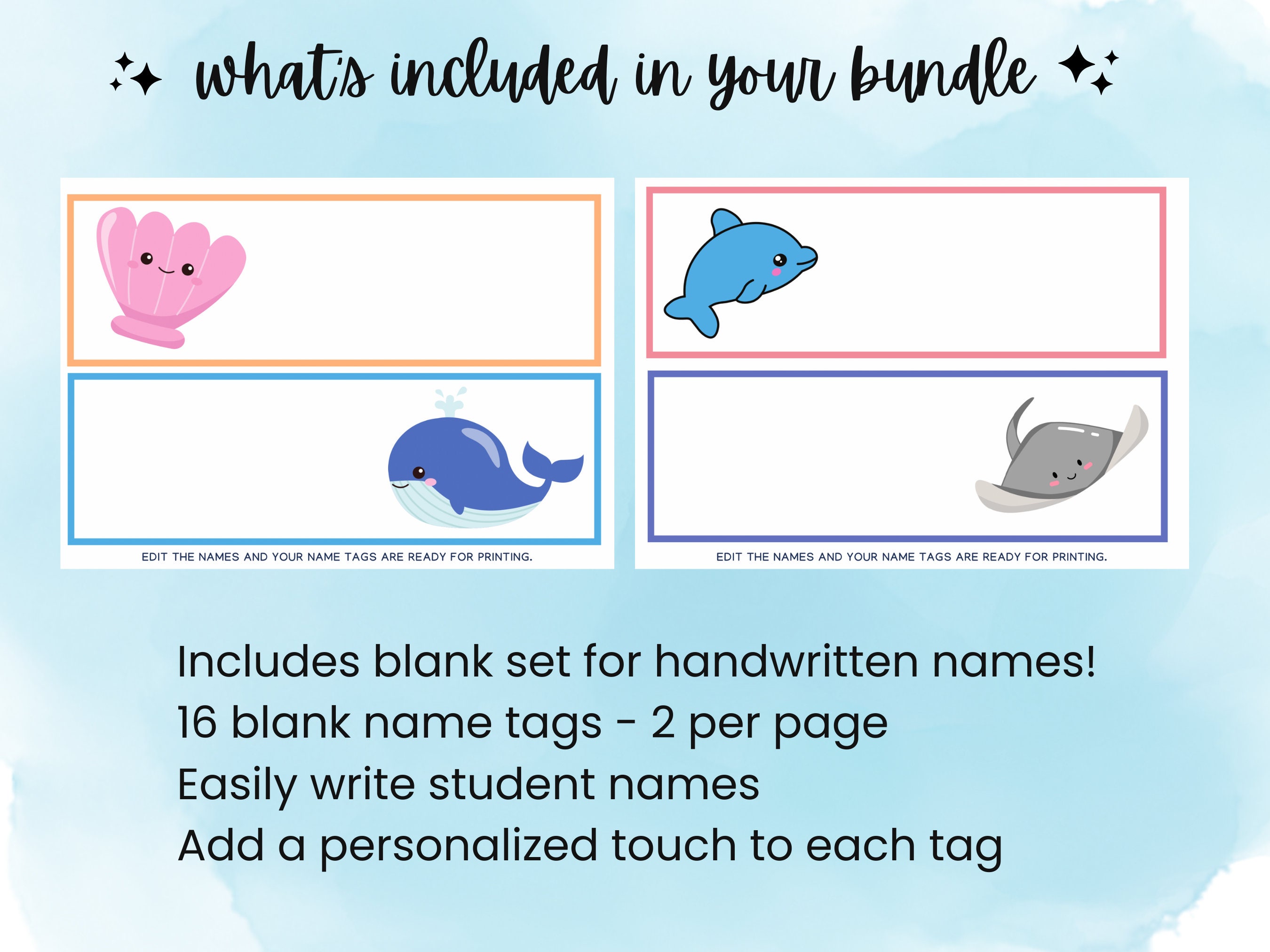 Ocean Animals Bundle Large Size - Custom Student Name Tag Templates for ...