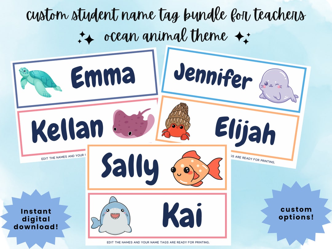Ocean Animals Bundle Large Size - Custom Student Name Tag Templates for ...