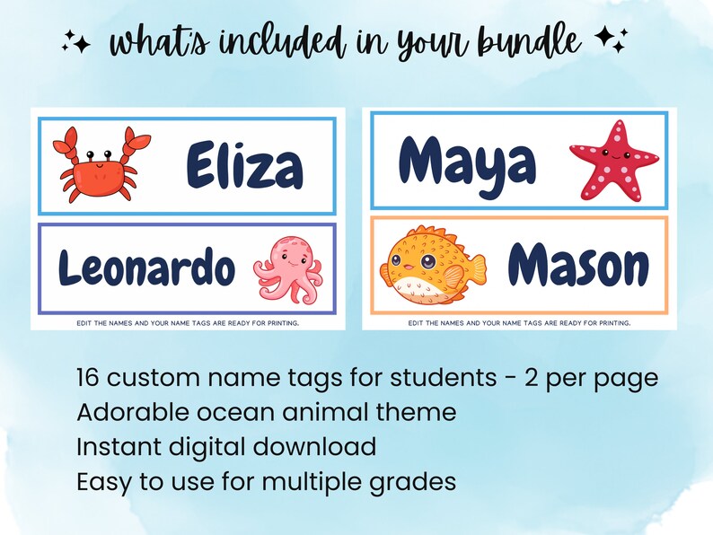 Ocean Animals Bundle Large Size - Custom Student Name Tag Templates for ...