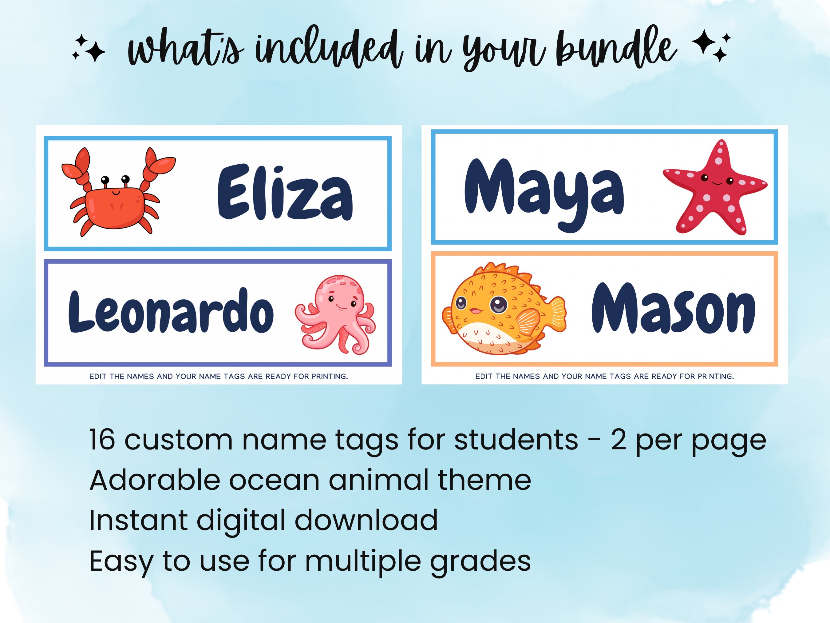 Ocean Animals Bundle Large Size - Custom Student Name Tag Templates for ...