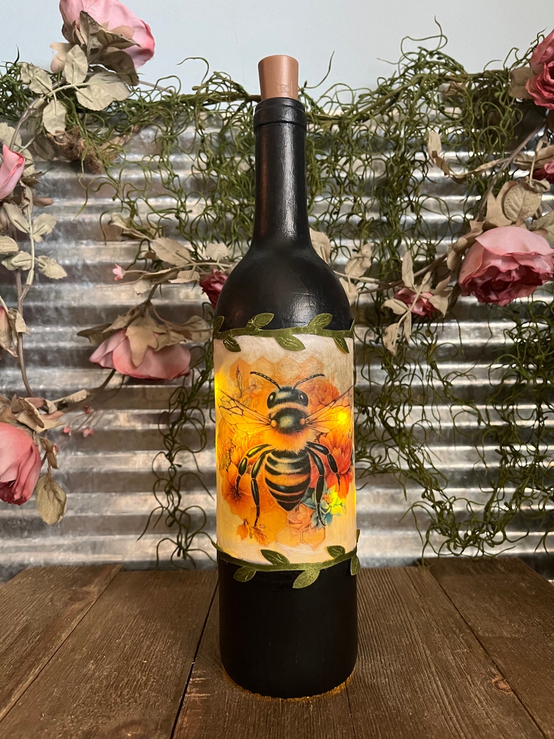 Handcrafted LED Bee Fairy Light Bottle With Flowers, Eco-friendly ...