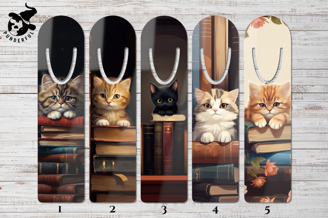 Cute Cat Sitting on Books Metal Bookmark Set - Handcrafted Cat Lover ...