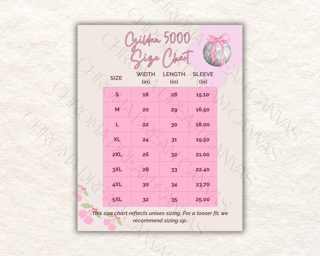 Gildan 5000 Coquette Themed T-shirt Size Chart | G5000 Pink Aesthetic ...